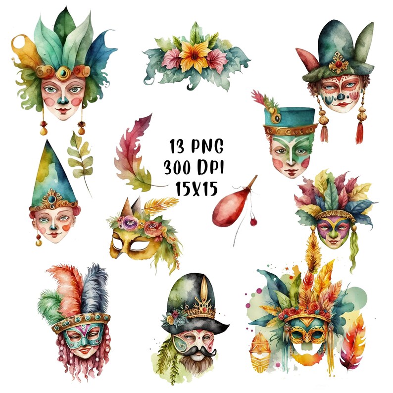 Watercolor Carnaval Fasching Clipart Sublimation PNG - Etsy