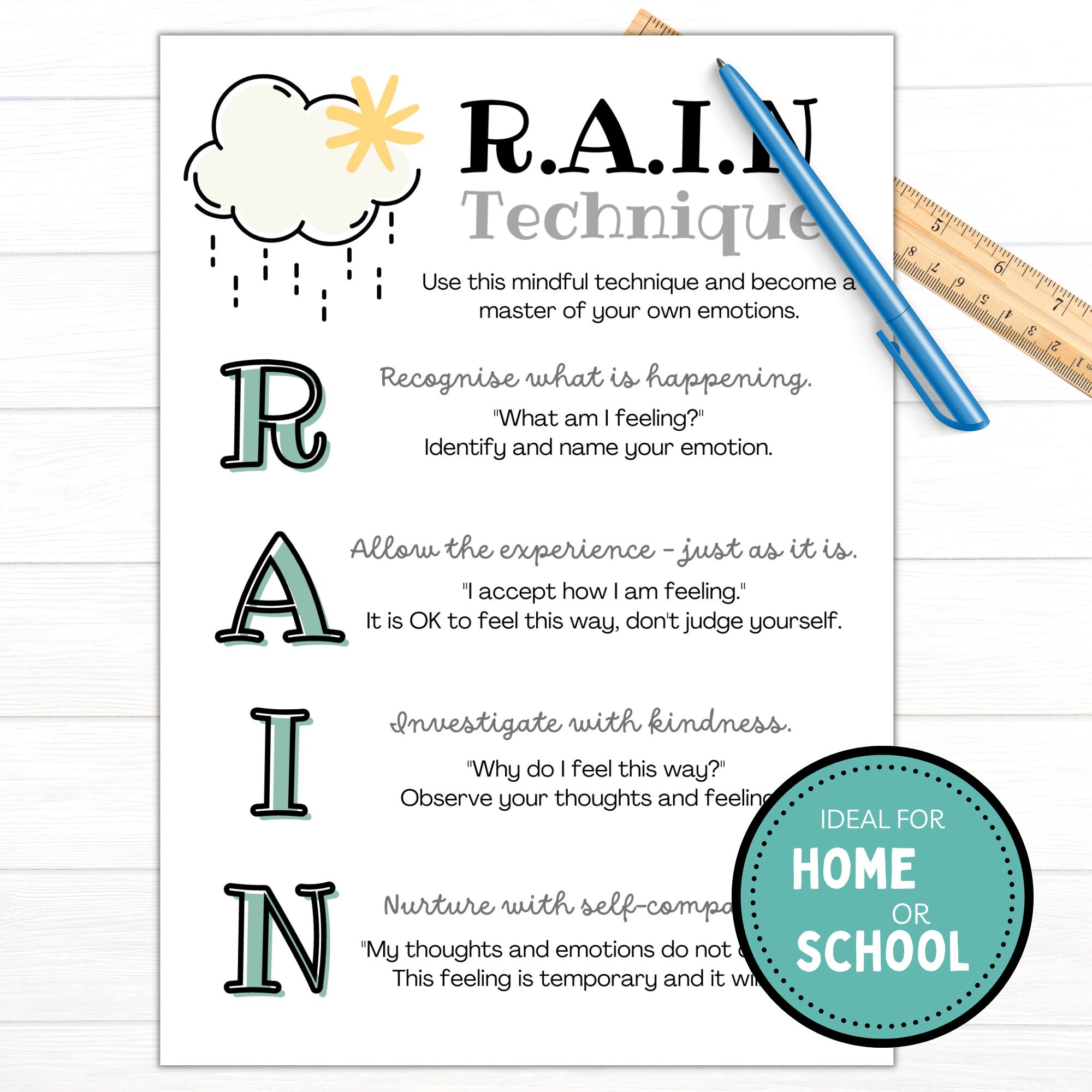 RAIN Technique Printable Worksheets Managing Emotions School Counsellor ...