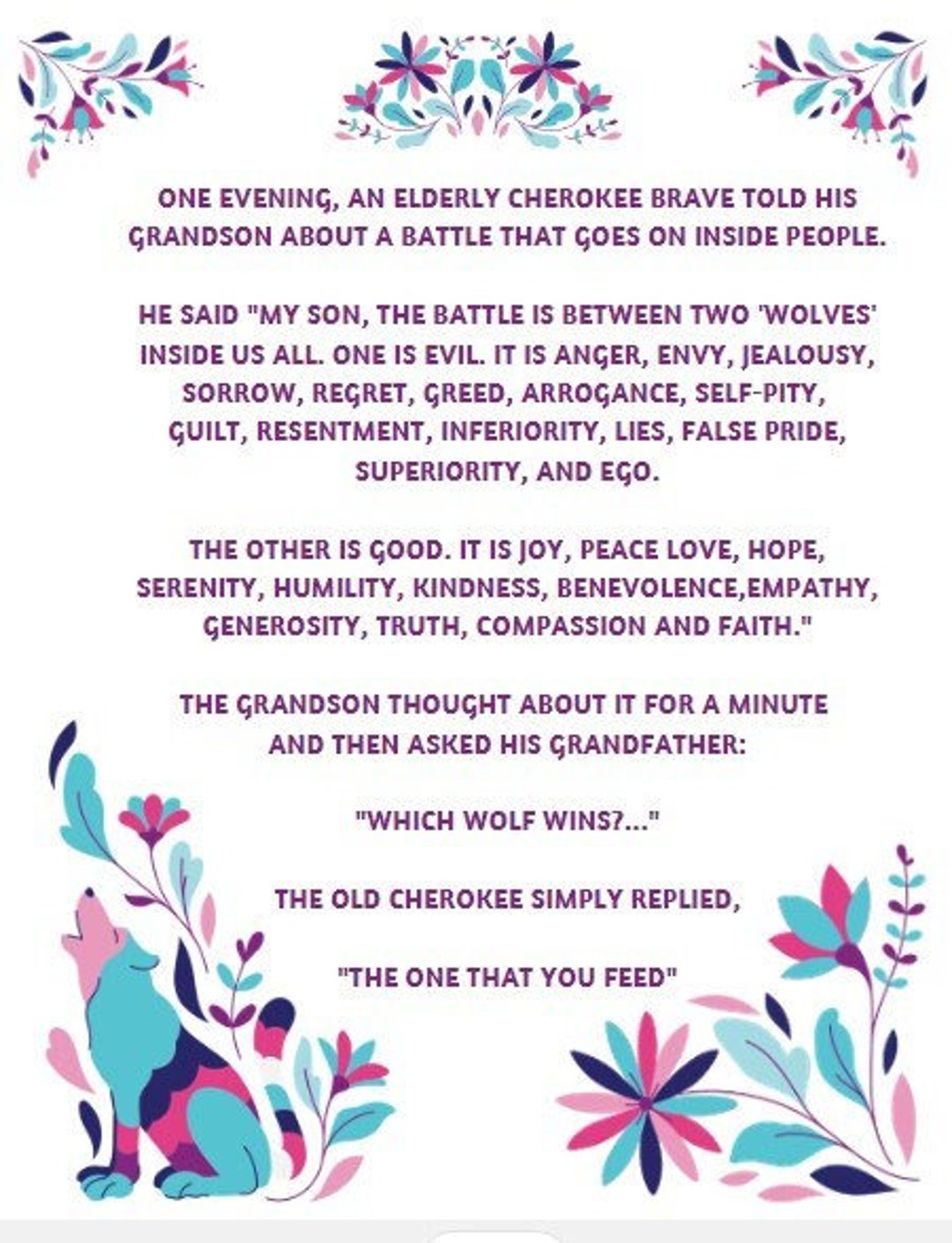 Two Wolves Story - Digital Print - Home and Classroom Decor - Etsy