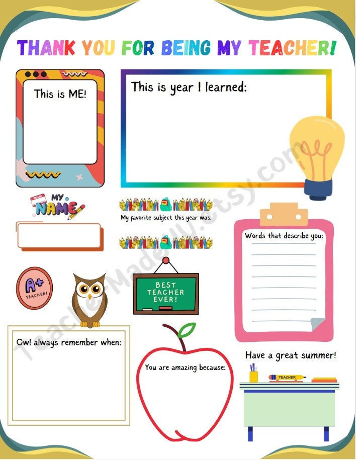 Thank You for Being My Teacher - Colorful Worksheet, Template, Poster ...