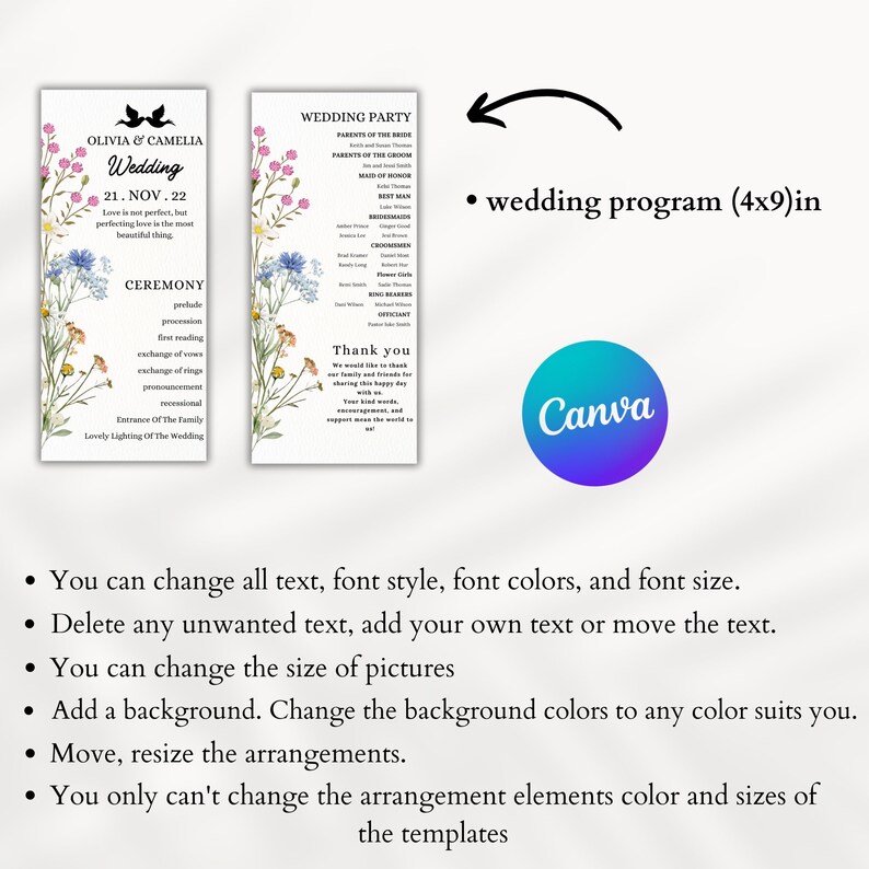 Wildflower Program Template Floral Wedding Program Template Printable Folded Ceremony Template ...