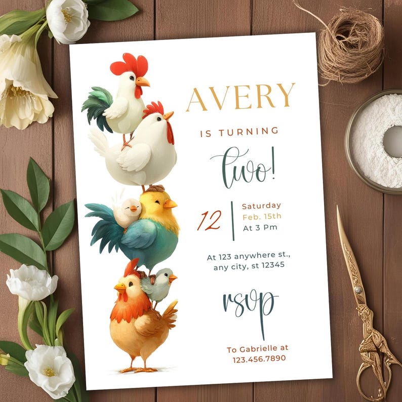 Editable Chicken Birthday Invitation, Farm Animal Party (canva Template ...