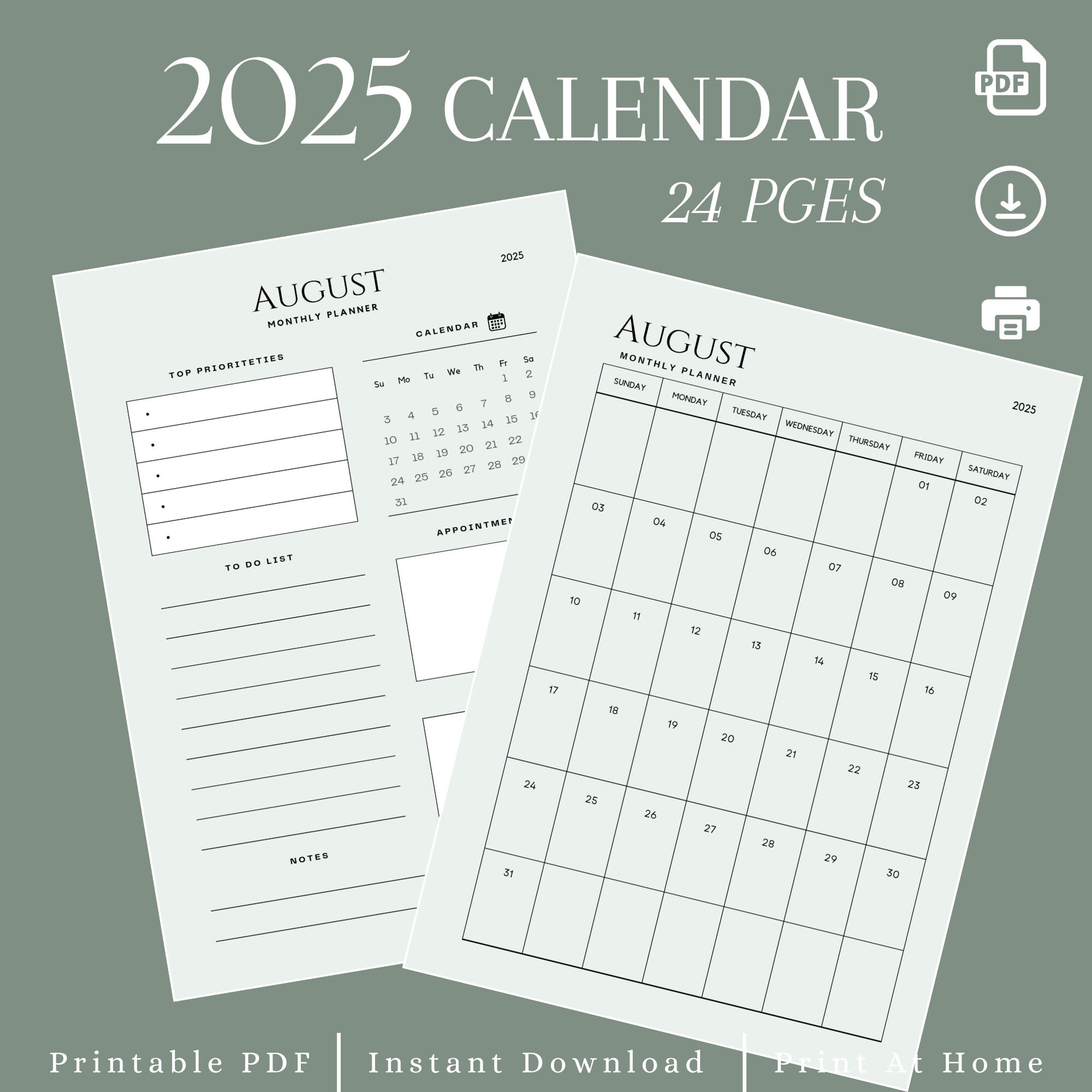2025 Printable Monthly Planner Elegant A4 Size Calendar PDF Wall ...