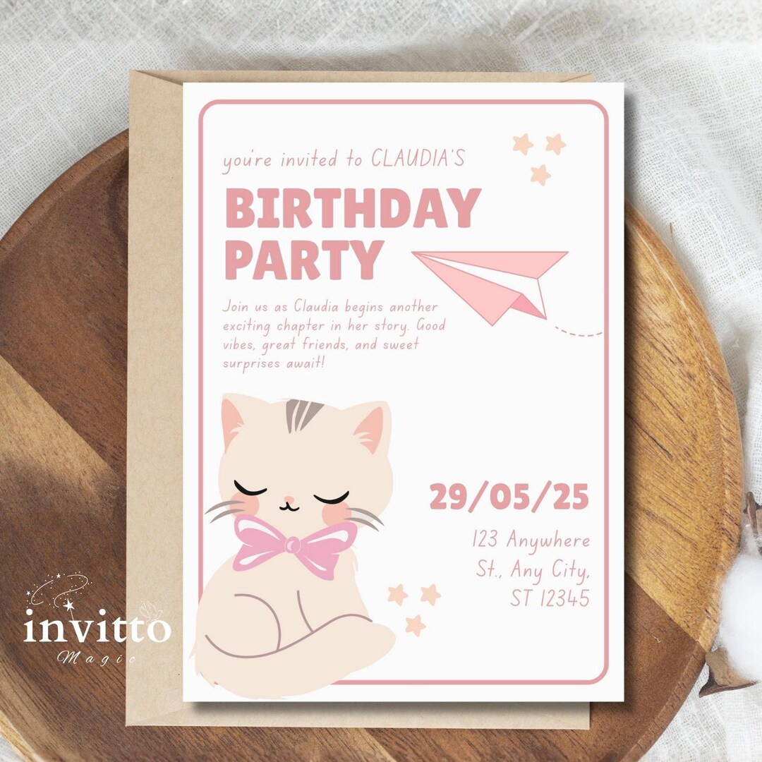 Kitten Birthday Invitation, Pink Cat Party Invite (digital Download) - Etsy