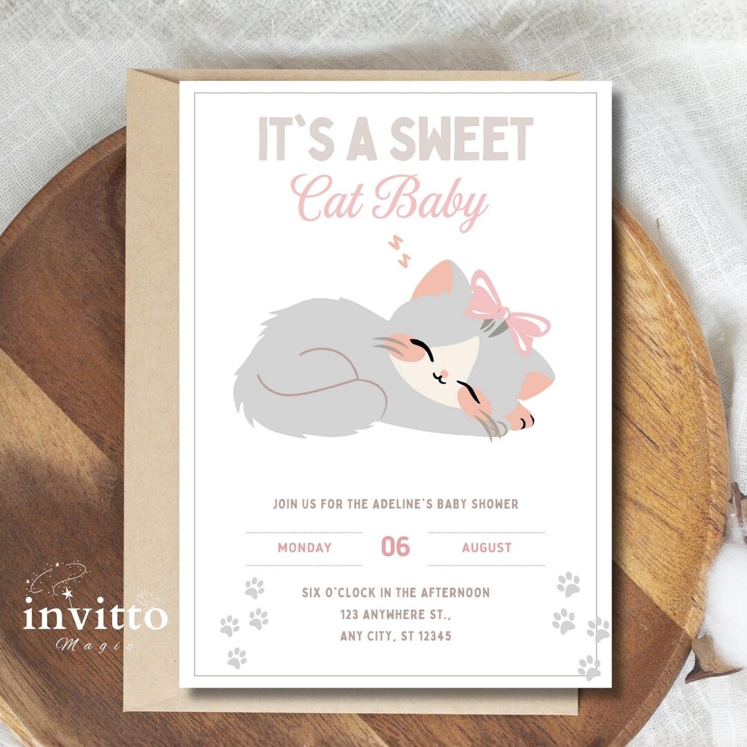 Kitten Baby Shower Invite, Editable Canva Template, Pink Cat Theme ...