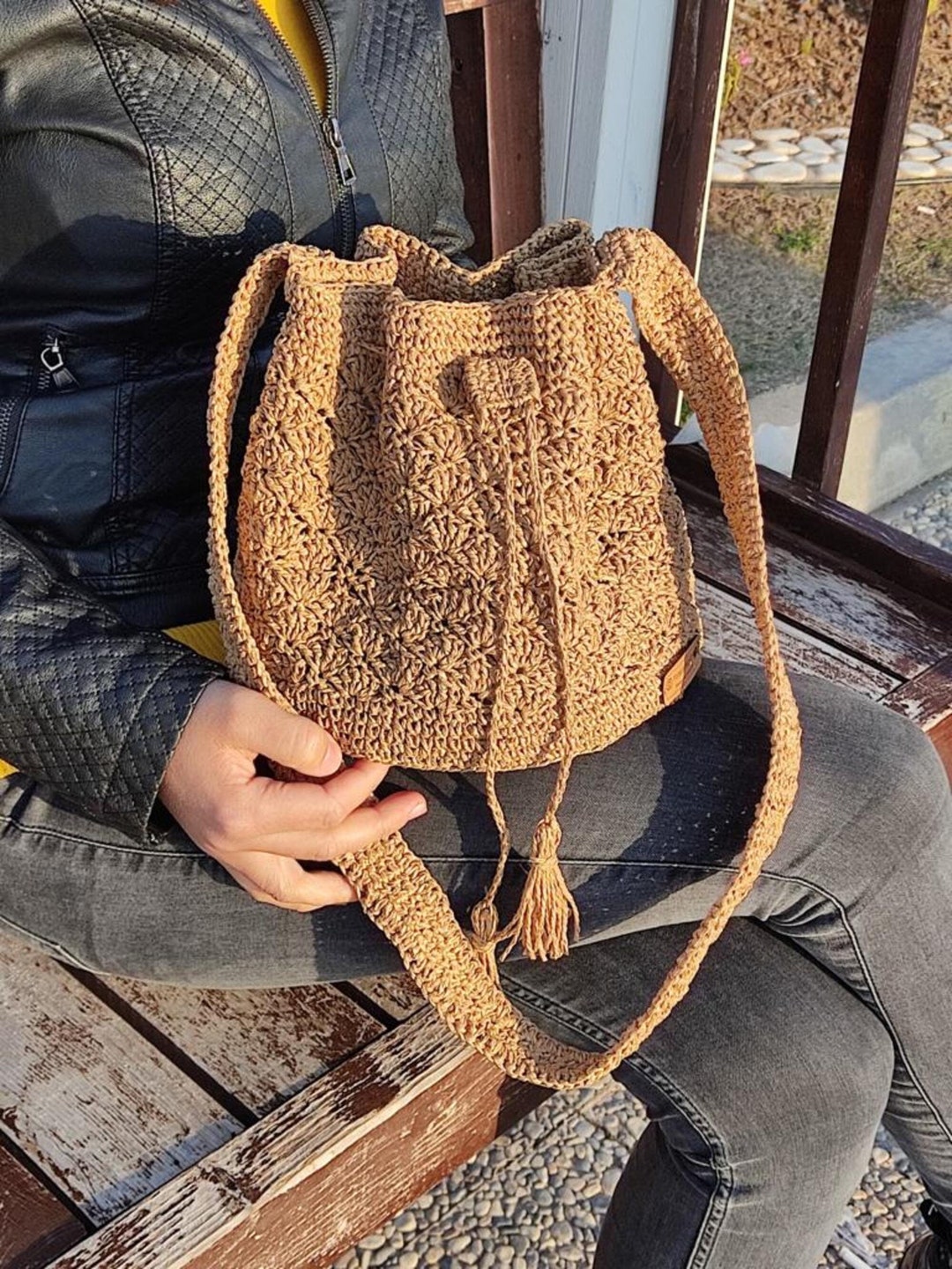 Crochet Raffia Drawstring Bag, Natural Bucket Raffia Bag, Hand-woven ...