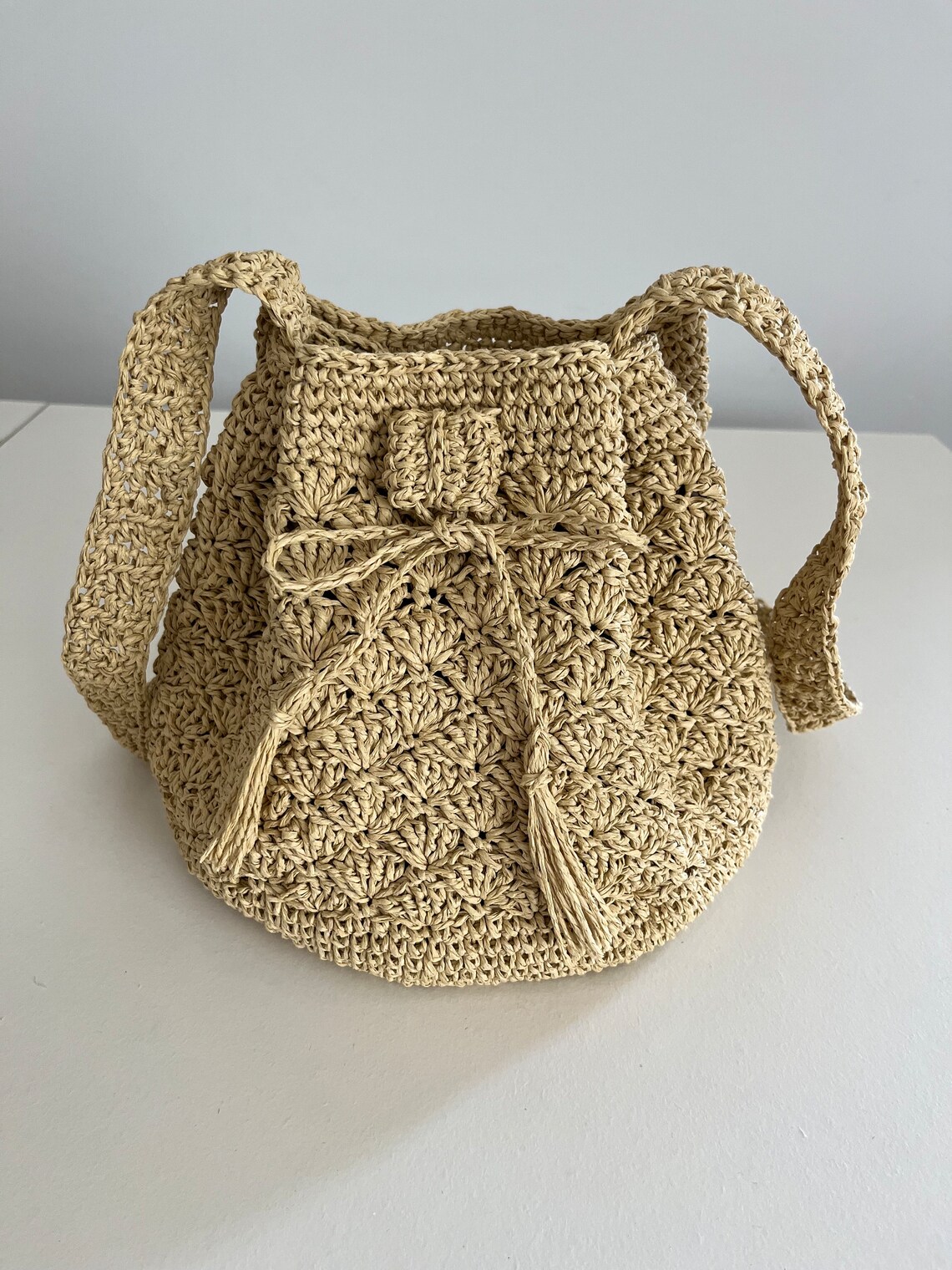 Crochet Raffia Drawstring Bag, Natural Raffia Yarn Crochet Bucket Bag, Raffia Knitting Yarn ...