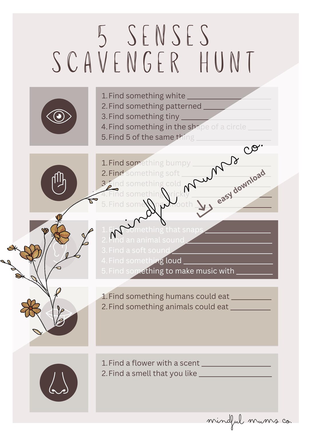 Interactive 5 Senses Scavenger Hunt for Kids | Digital Printable | Fun ...