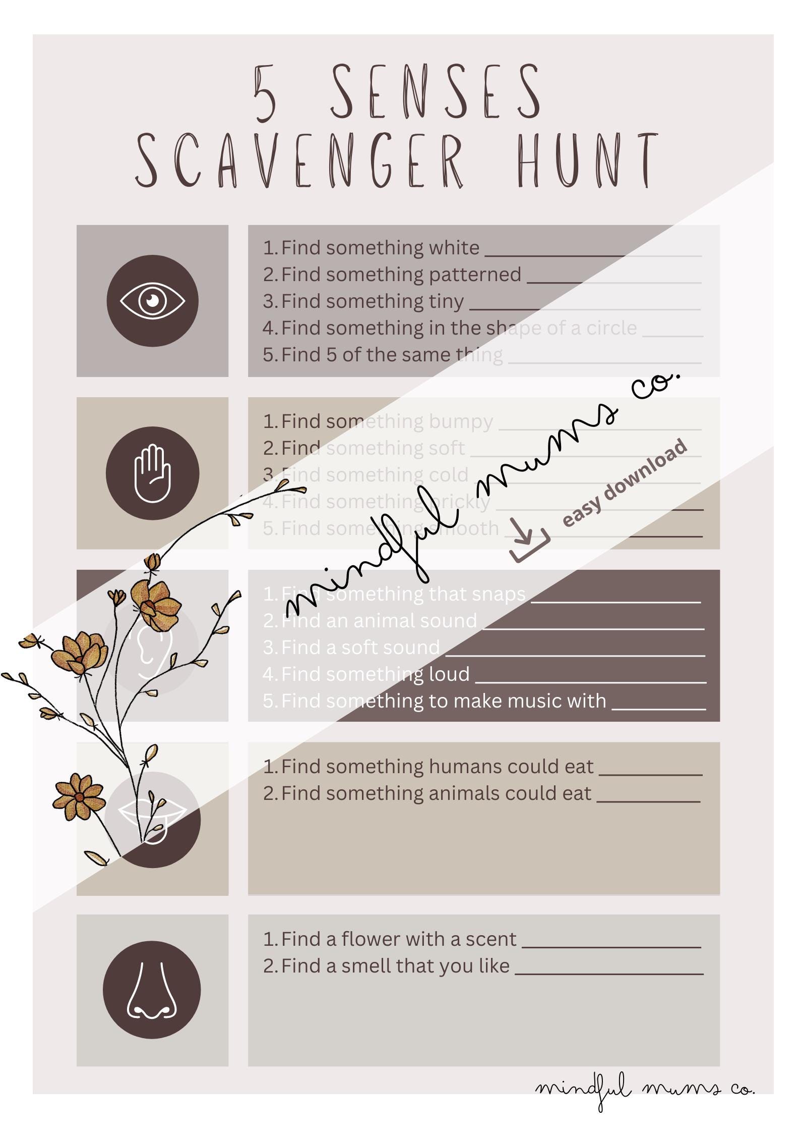 Interactive 5 Senses Scavenger Hunt for Kids | Digital Printable | Fun ...