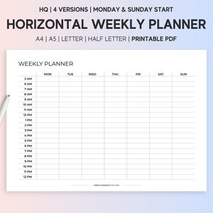 Horizontal Weekly Planner Printable, Weekly Planner by Hour, Hourly ...