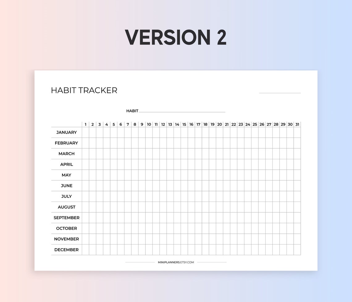 Yearly Habit Tracker Printable: Horizontal Routine Planner (instant ...