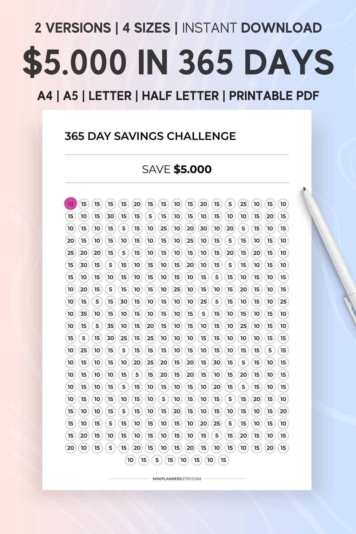 5000 Savings Challenge, 5,000 Dollars in 365 Days, Yearly Money Goal ...