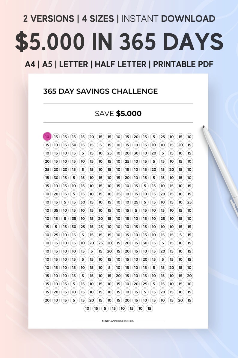 5000 Savings Challenge, 5,000 Dollars in 365 Days, Yearly Money Goal ...