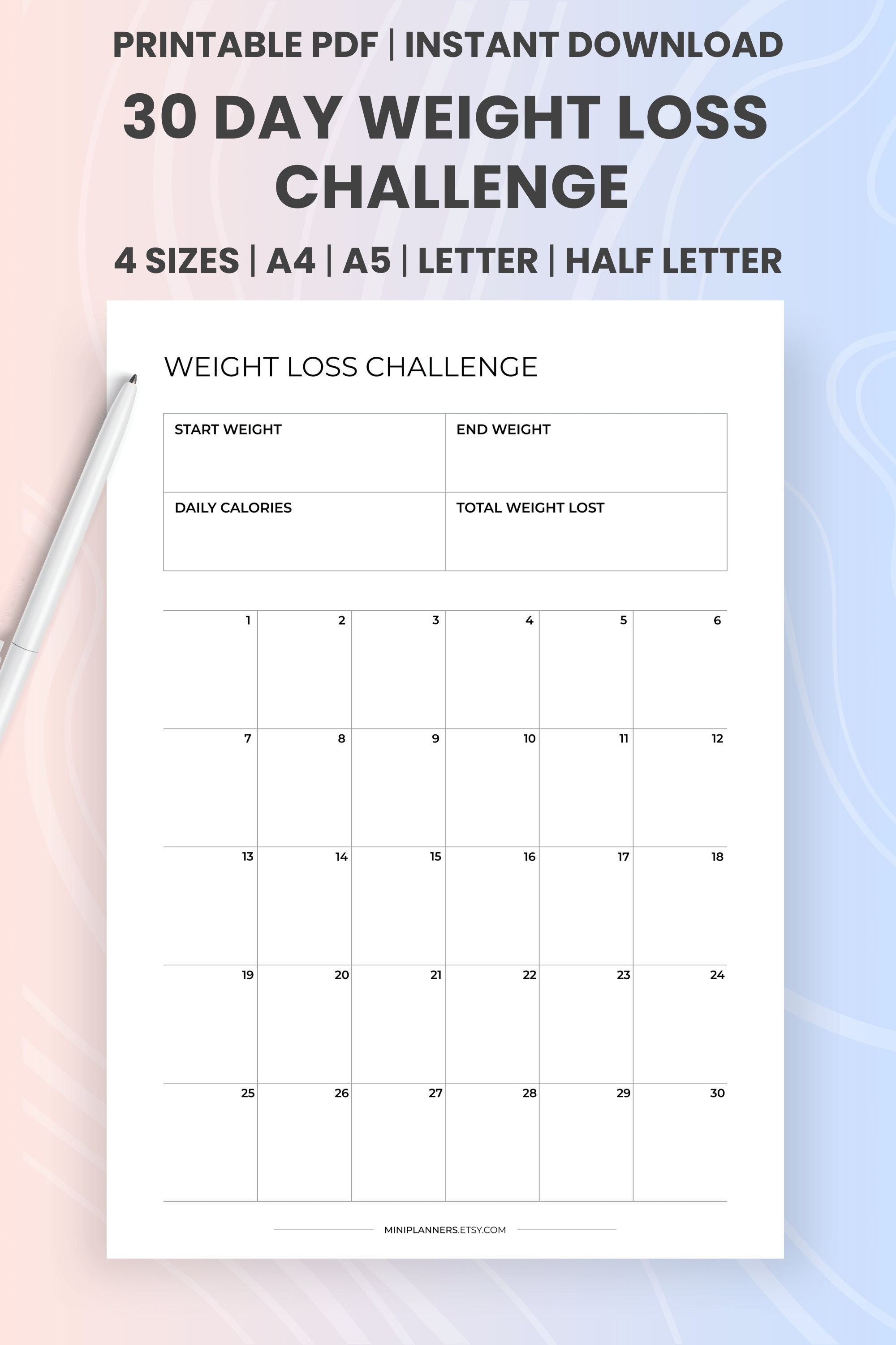 30 Day Weight Loss Challenge, Monthly Weight Loss Tracker, Printable ...