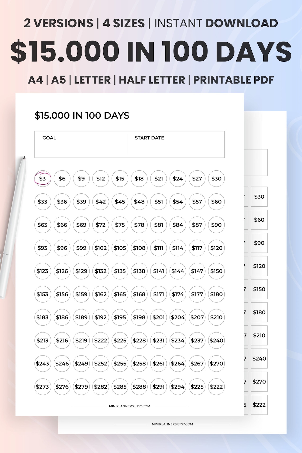 15000 Savings Challenge Template, 15k Dollars in 100 Days, 15,000 Money ...