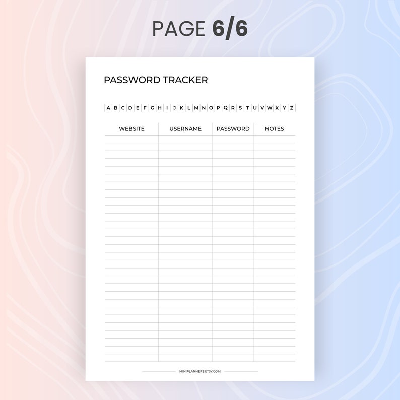 Password Tracker Printable Template Alphabetical Order - Etsy