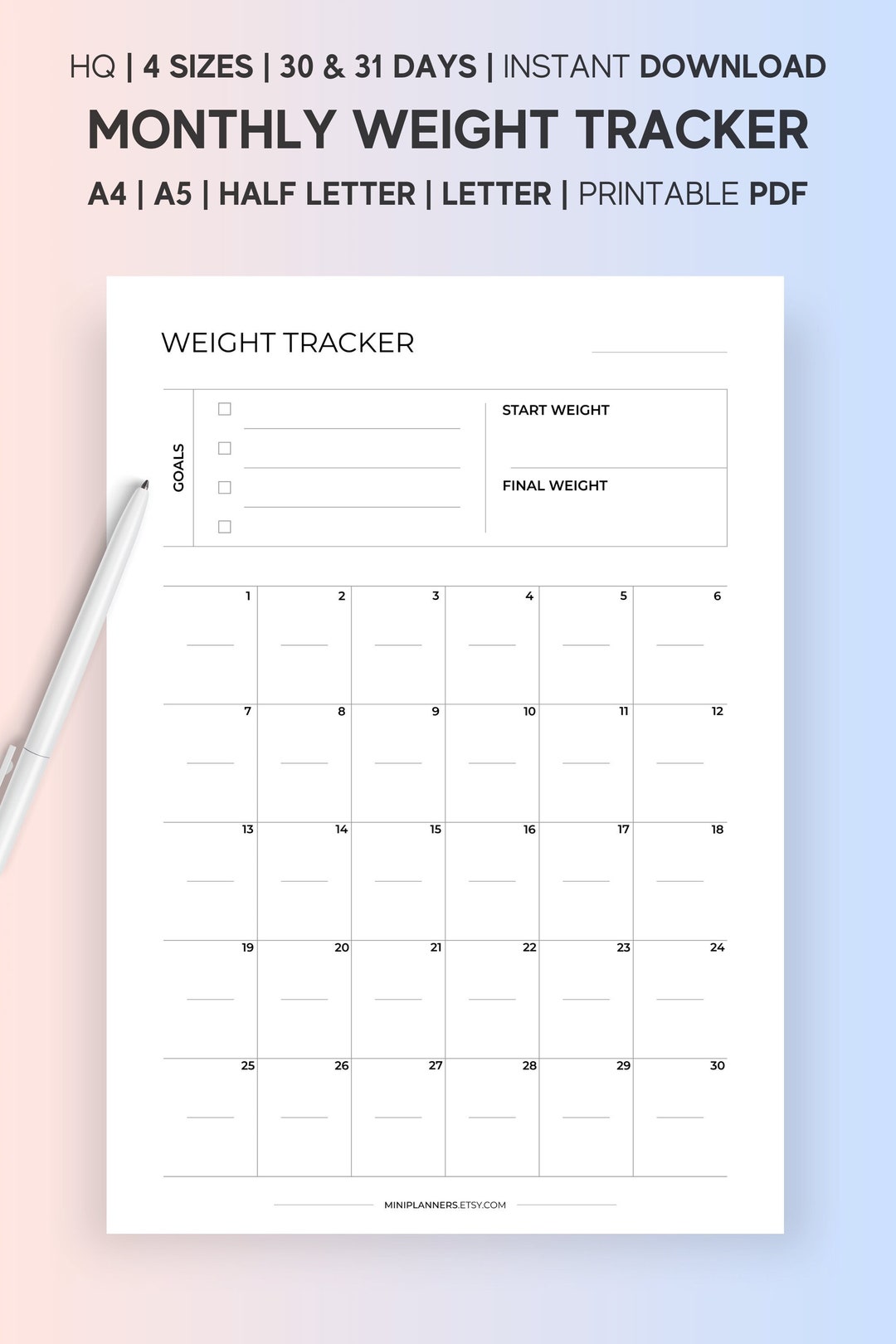 Monthly Weight Tracker, Monthly Weight Reduction, 30 and 31day Weight ...