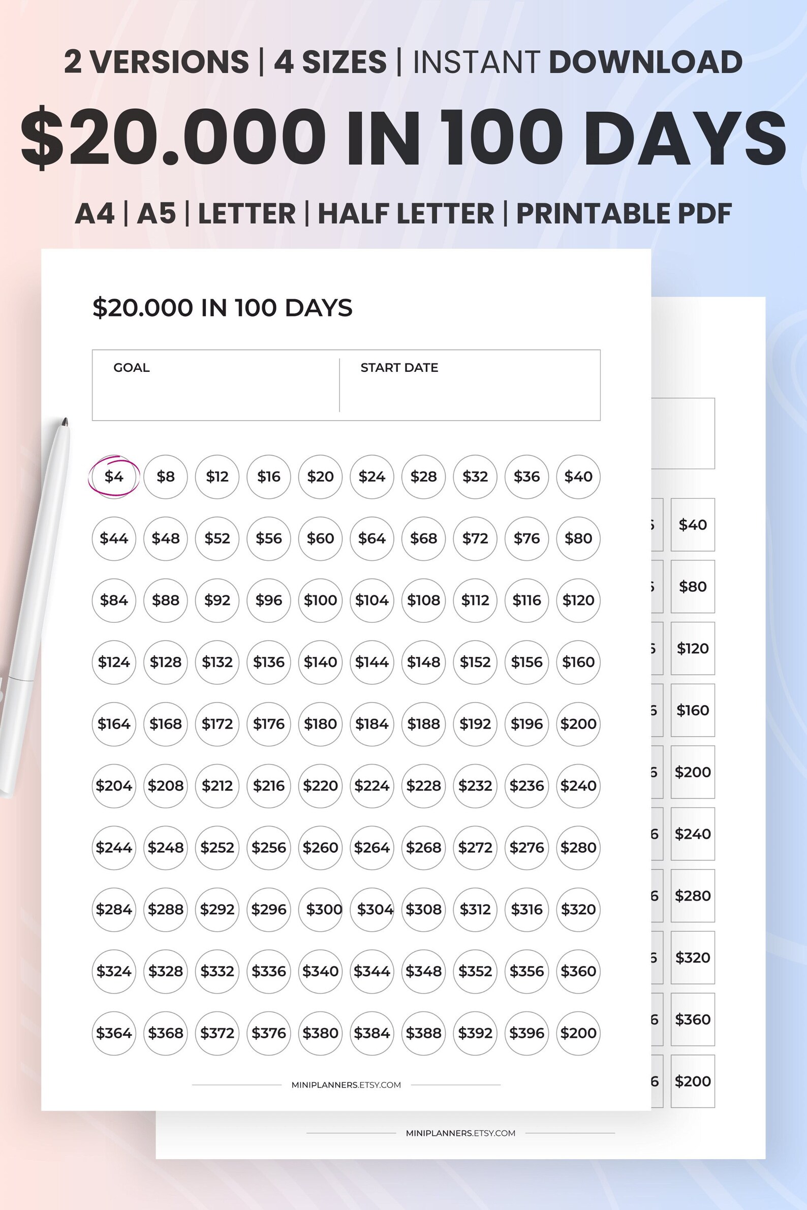 20000 Savings Challenge Printable, 20k in 100 Days, 100 Day Money Goal ...