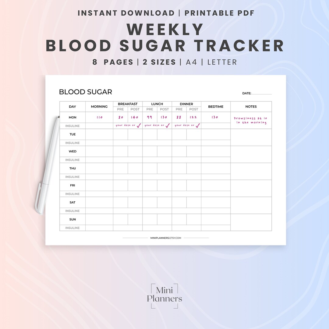 Blood Sugar Tracker, Horizontal Weekly Blood Sugar Level Manage ...
