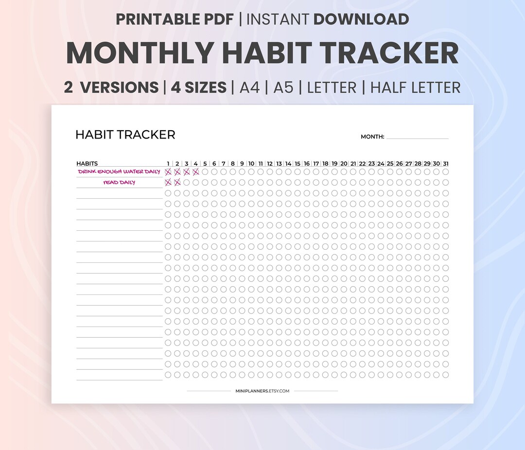 Printable Monthly Habit Tracker: Goal Setting Template (A4, A5, Letter ...