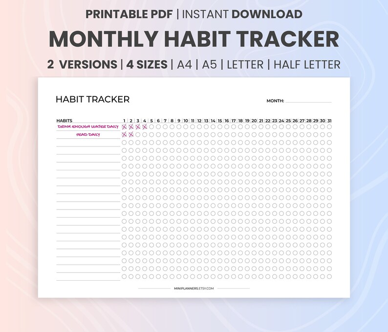 Printable Monthly Habit Tracker: Goal Setting Template (A4, A5, Letter ...