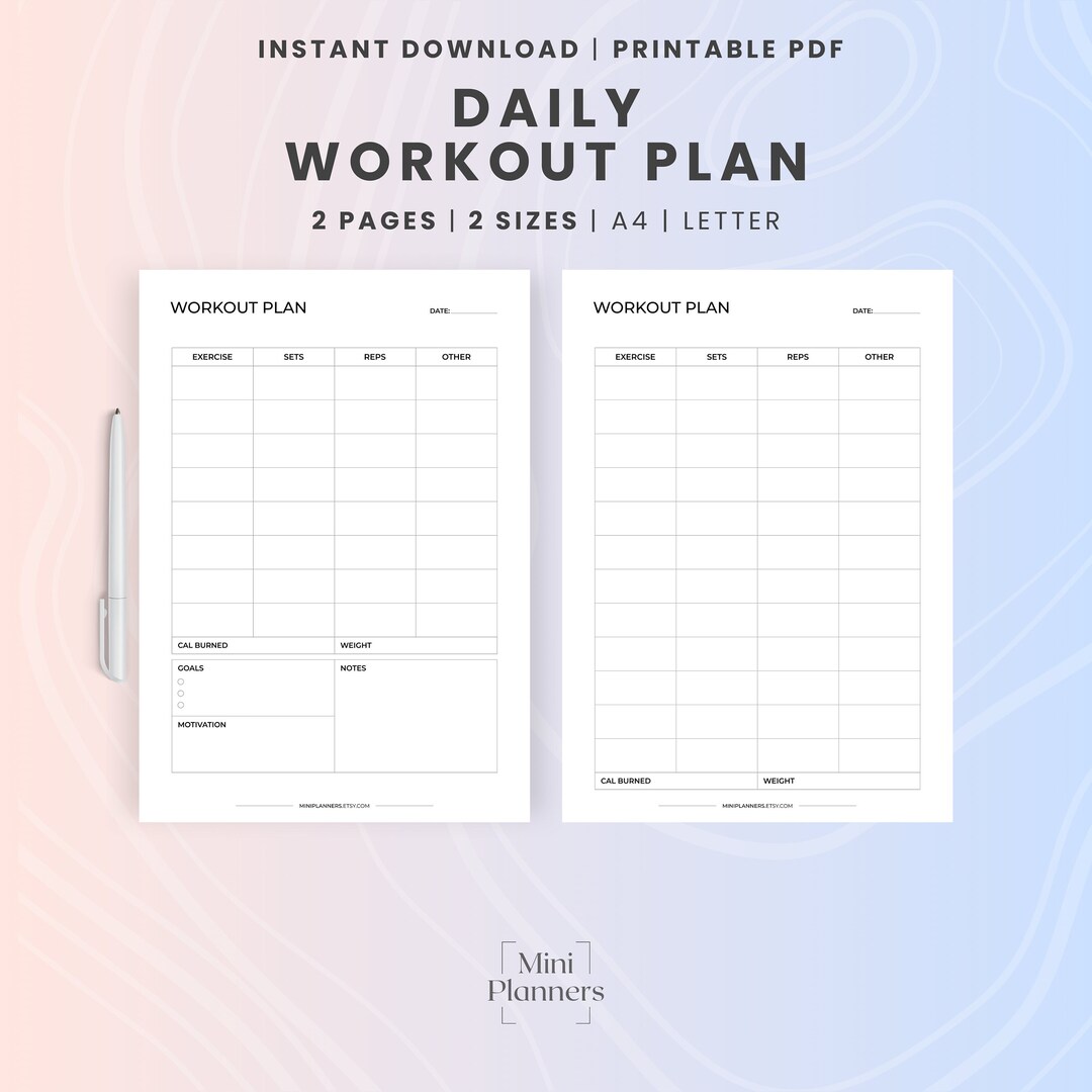 Printable Daily Workout Plan, A4 Simple Exercise Planner Template ...