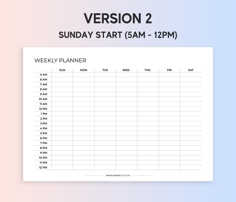 Horizontal Weekly Planner Printable: Hourly Schedule Template (PDF) - Etsy