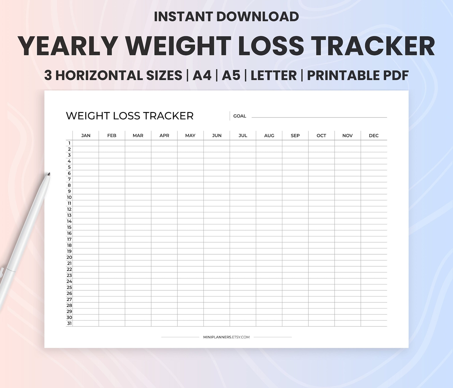 Yearly Weightloss Tracker Printable, Weight Loss Calendar, Horizontal ...