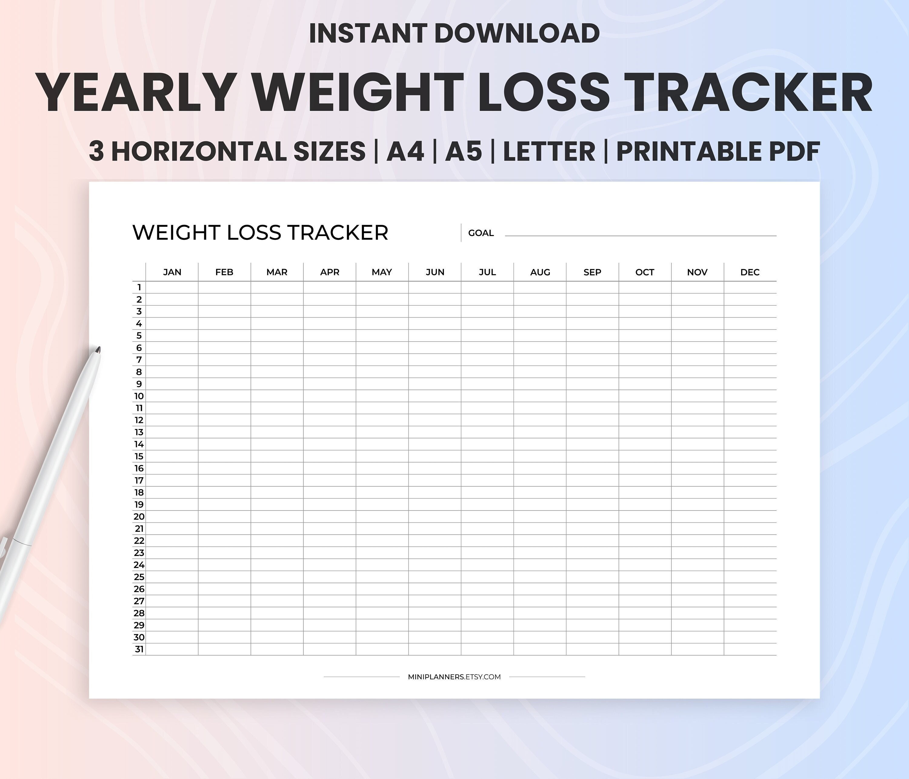 Yearly Weightloss Tracker Printable, Weight Loss Calendar, Horizontal ...