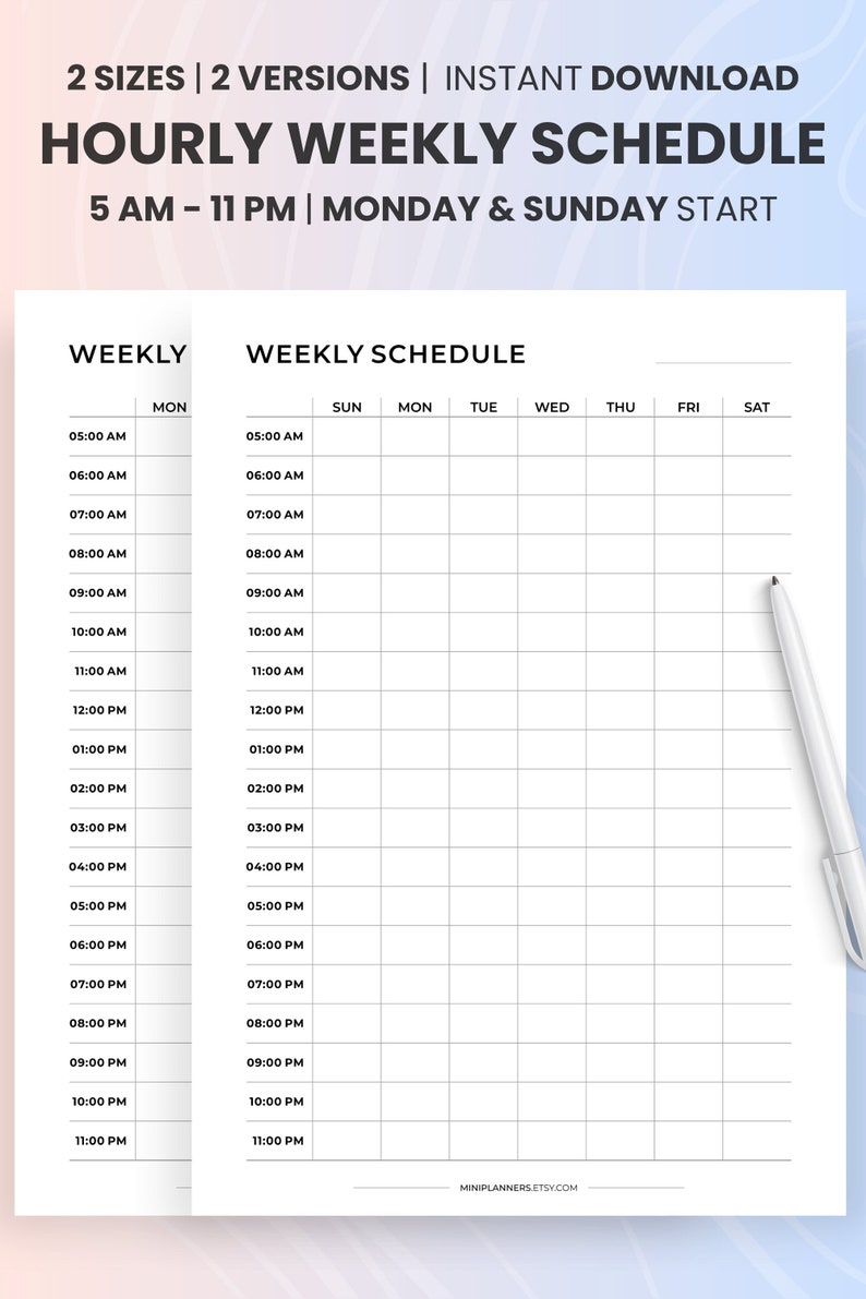 5 Am 11 Pm Hourly Weekly Schedule Template, Weekly Planner With Hours ...