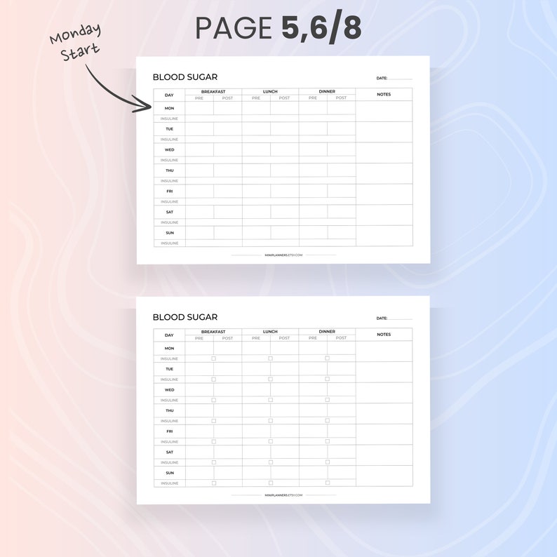 Blood Sugar Tracker, Horizontal Weekly Blood Sugar Level Manage ...