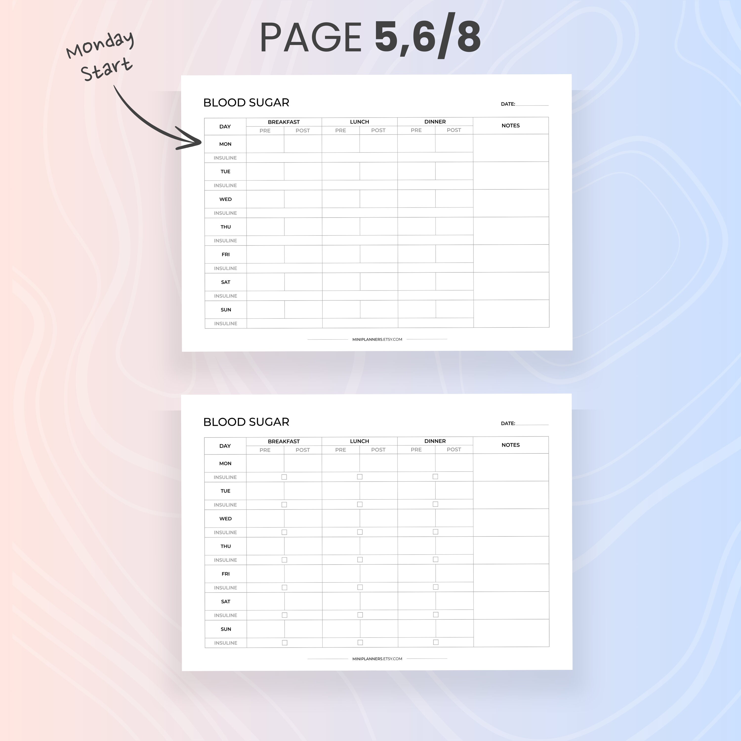 Blood Sugar Tracker, Horizontal Weekly Blood Sugar Level Manage ...