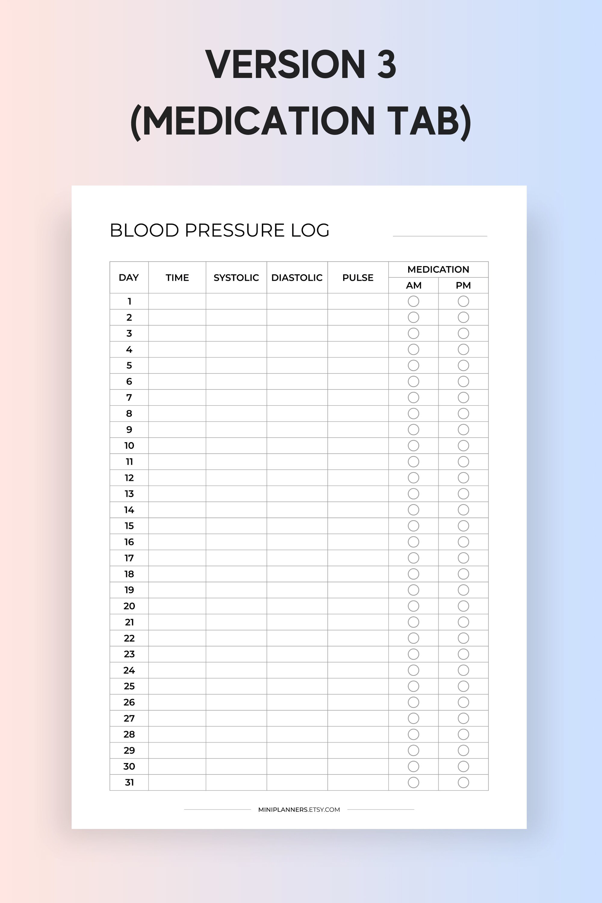 Monthly Blood Pressure Log Printable Blood Pressure Tracker PDF 30 Day ...