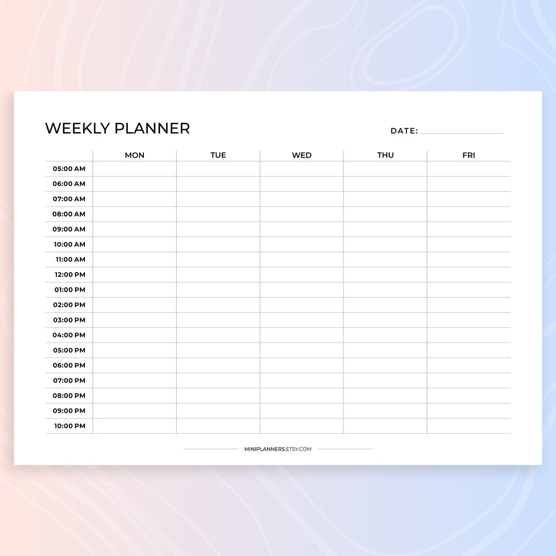 Hourly Weekly Planner Printable: 5AM-10PM, 5-day Week (PDF Pattern) - Etsy