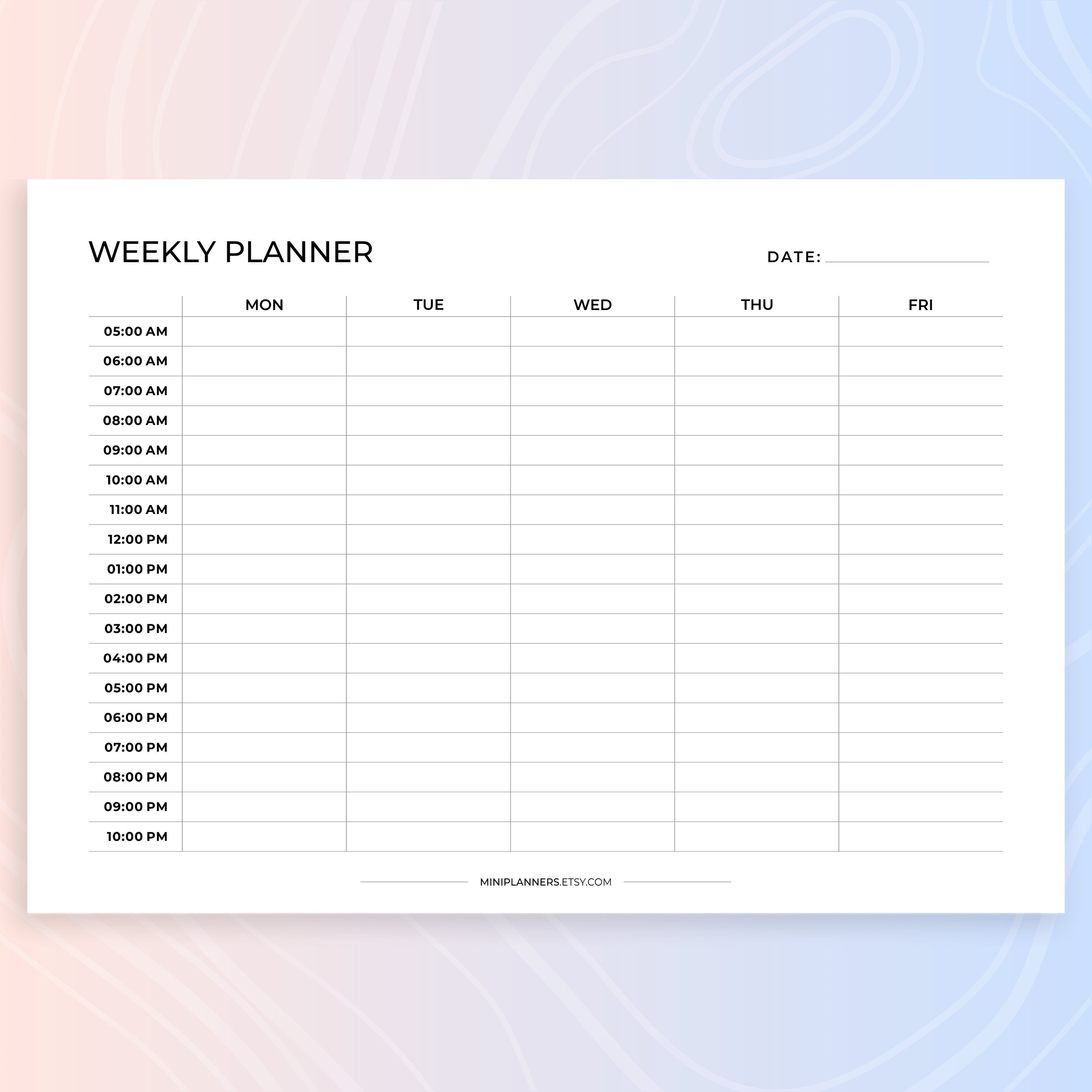 Hourly Weekly Planner Printable: 5AM-10PM, 5-day Week (PDF Pattern) - Etsy