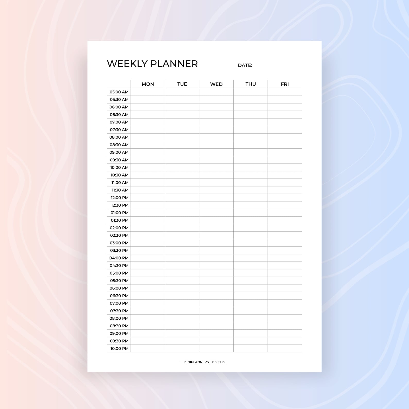 5 Day Weekly Schedule Printable, 5AM - 10PM Half Hourly Schedule, Half ...