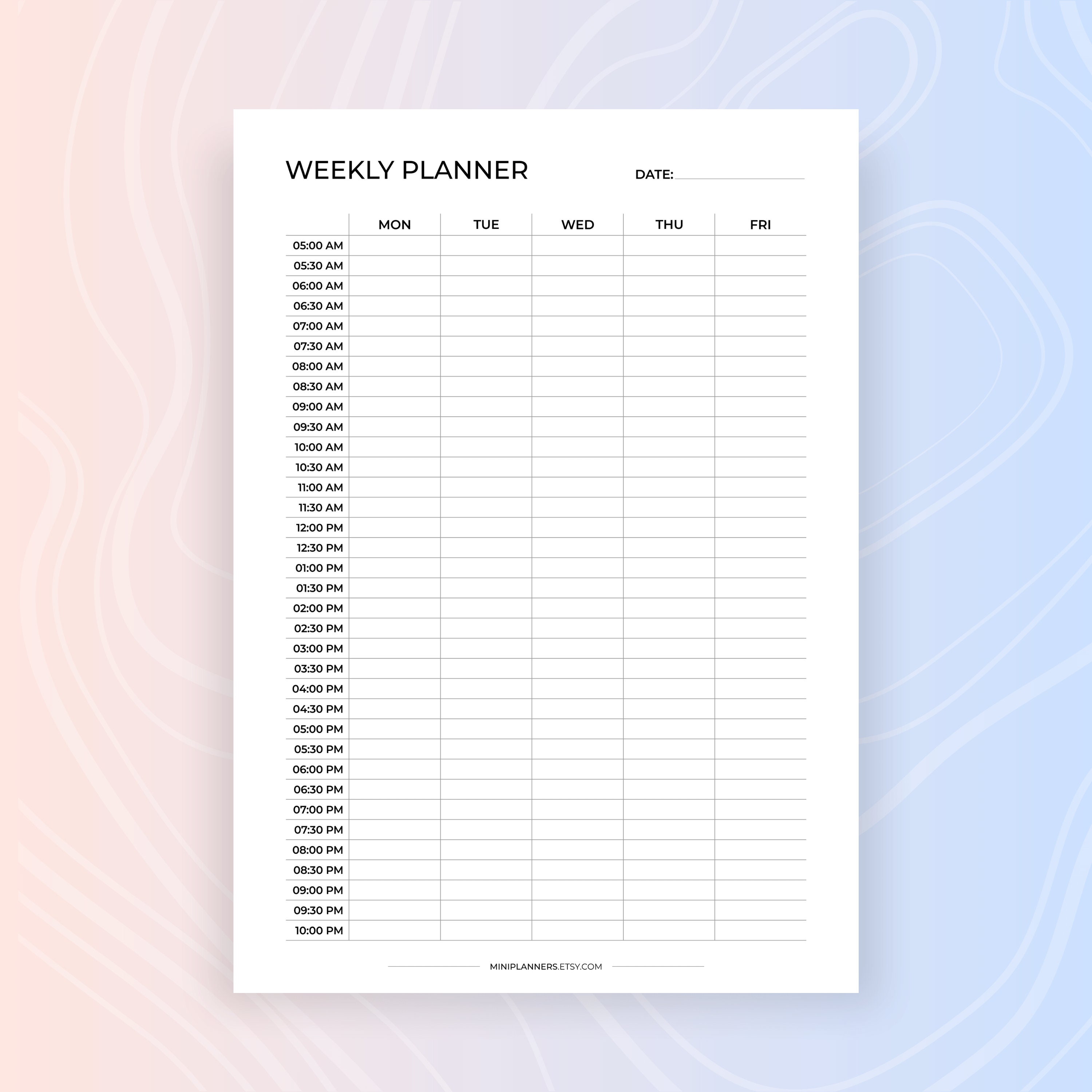 5 Day Weekly Schedule Printable 5AM 10PM Half Hourly - Etsy