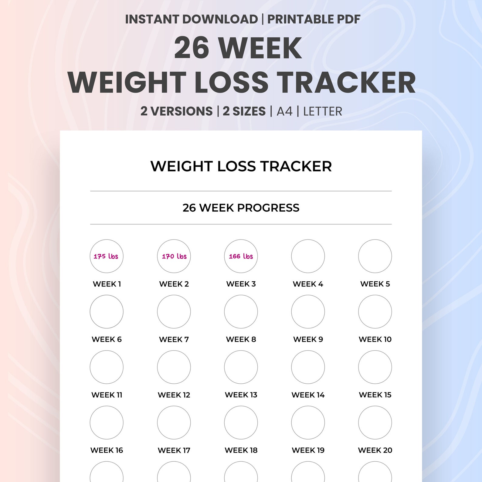 Printable Weekly Weight Loss Tracker, 26 Week Weightloss Progress Chart ...