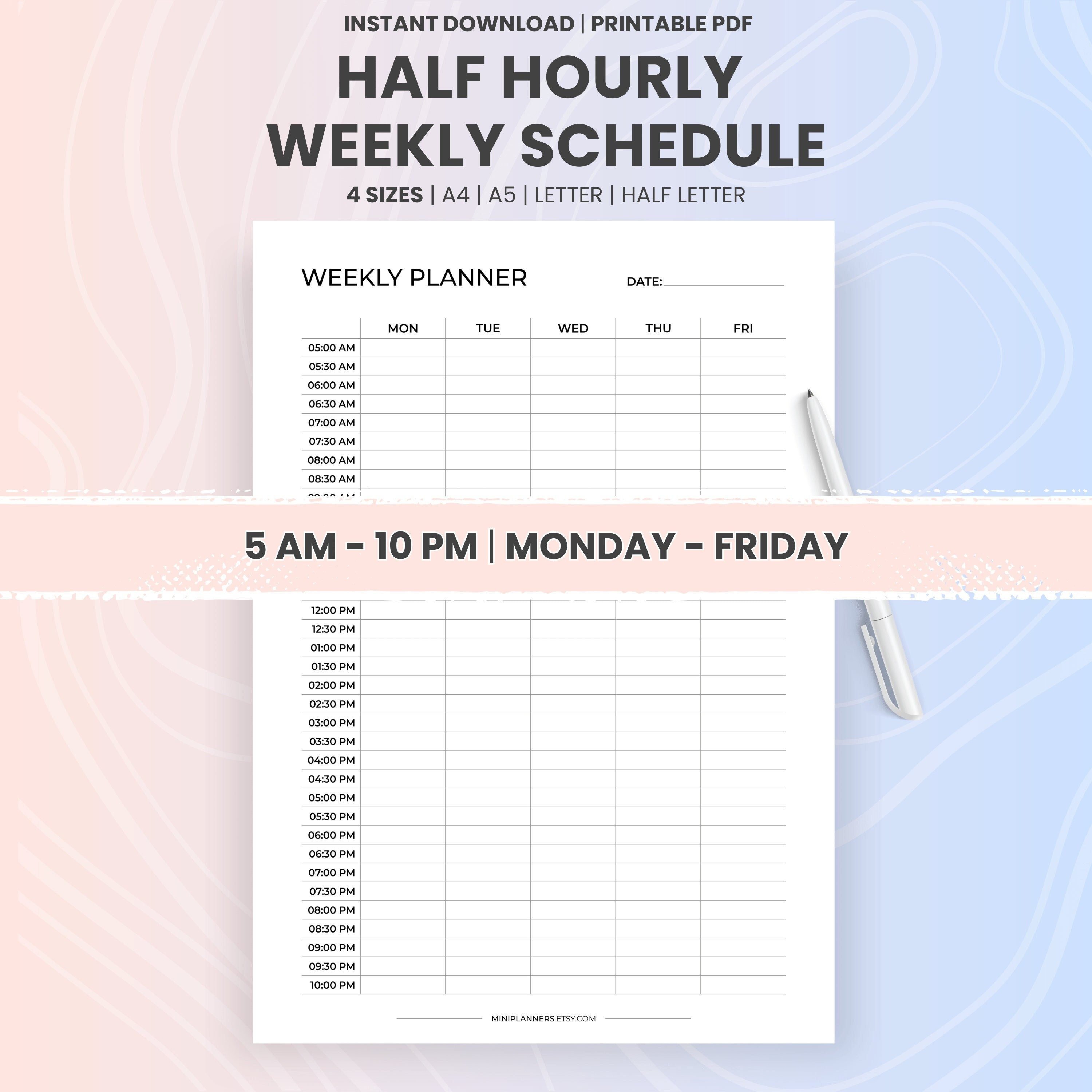 5 Day Weekly Schedule Printable, 5AM 10PM Half Hourly Schedule, Half ...