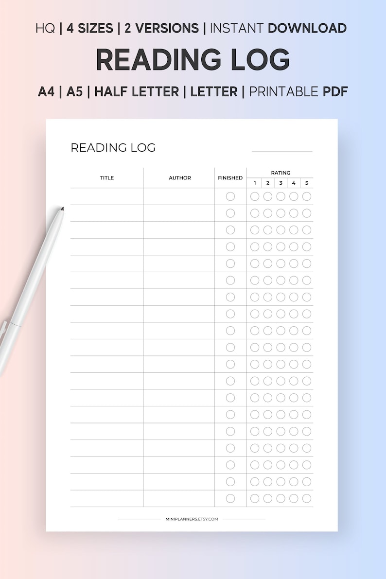 Reading Log, Printable Books to Read Tracker, Book Rating, Bookworm ...