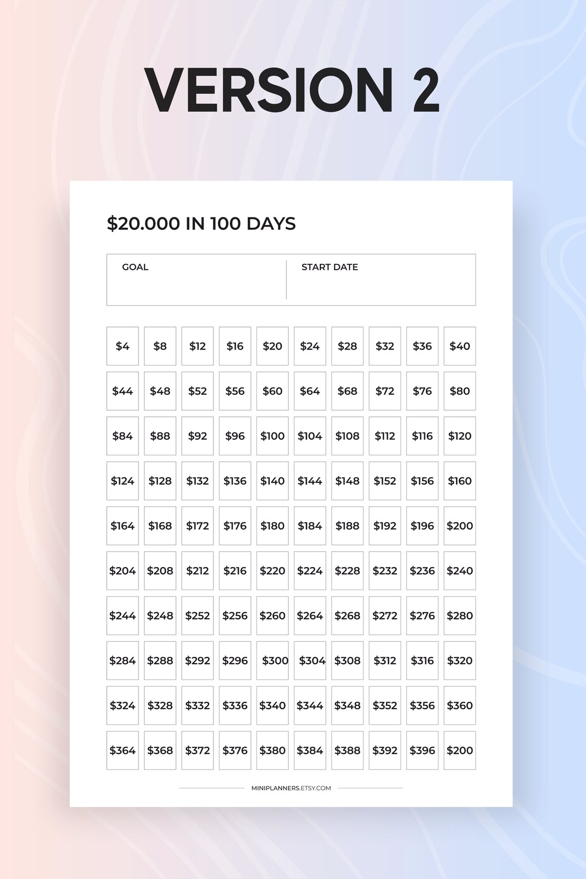 20000 Savings Challenge Printable, 20k in 100 Days, 100 Day Money Goal ...