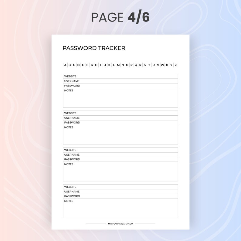 Password Tracker Printable Template Alphabetical Order - Etsy