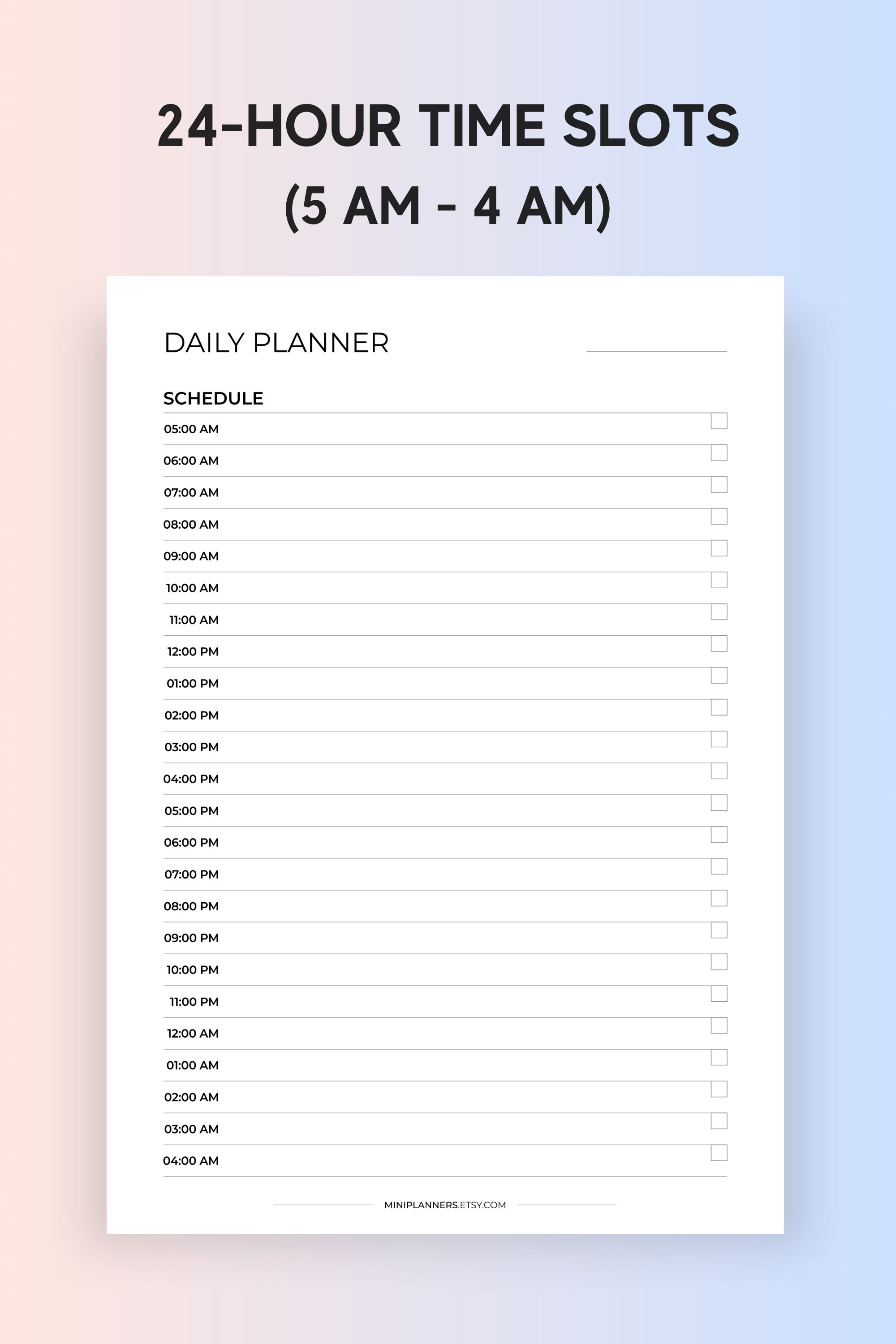 Daily Planner Printable, 24 Hourly Planner, 24hour Daily Schedule ...