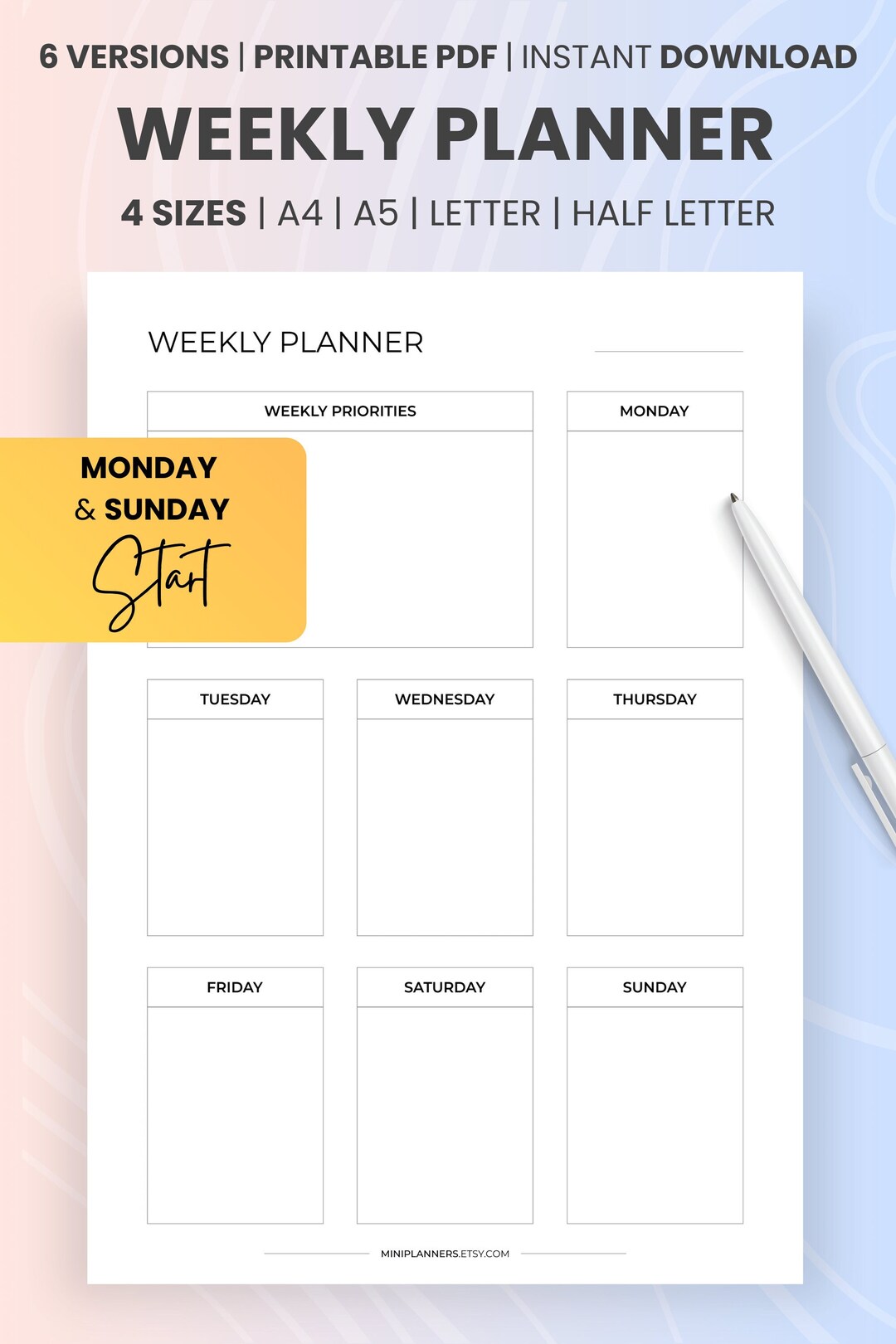 Weekly Planner Printable, to Do List Template, Simple Blank Weekly ...