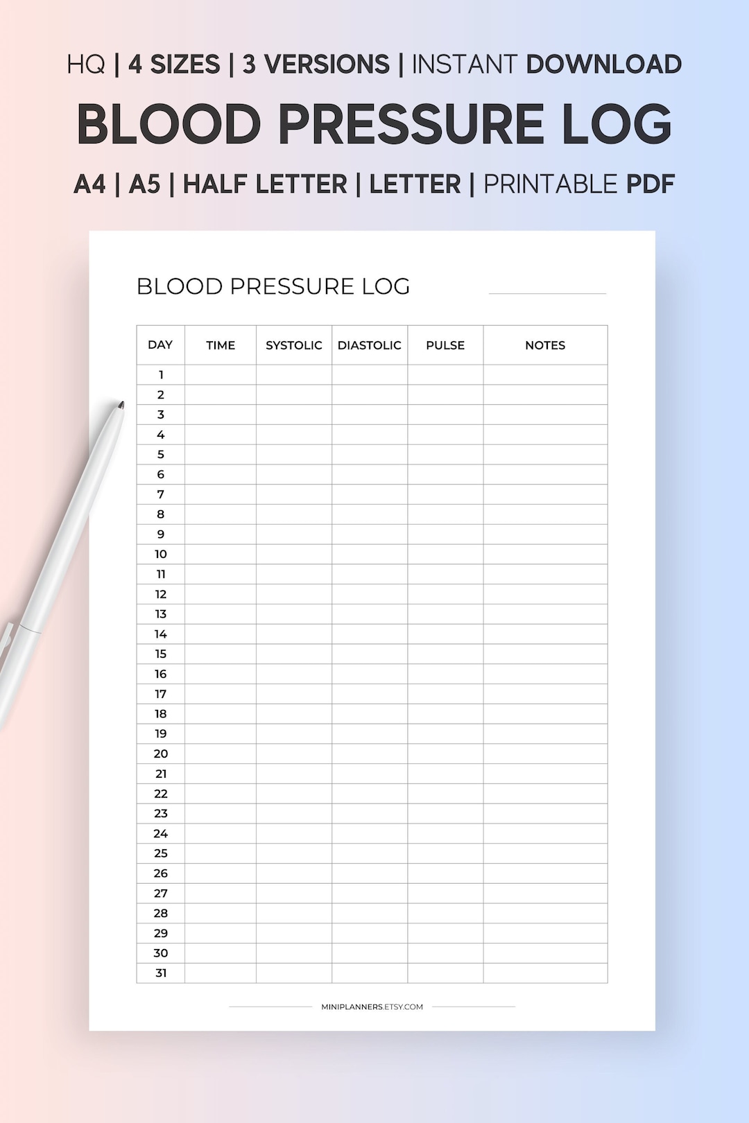 Monthly Blood Pressure Log Printable Blood Pressure Tracker PDF 30 Day ...