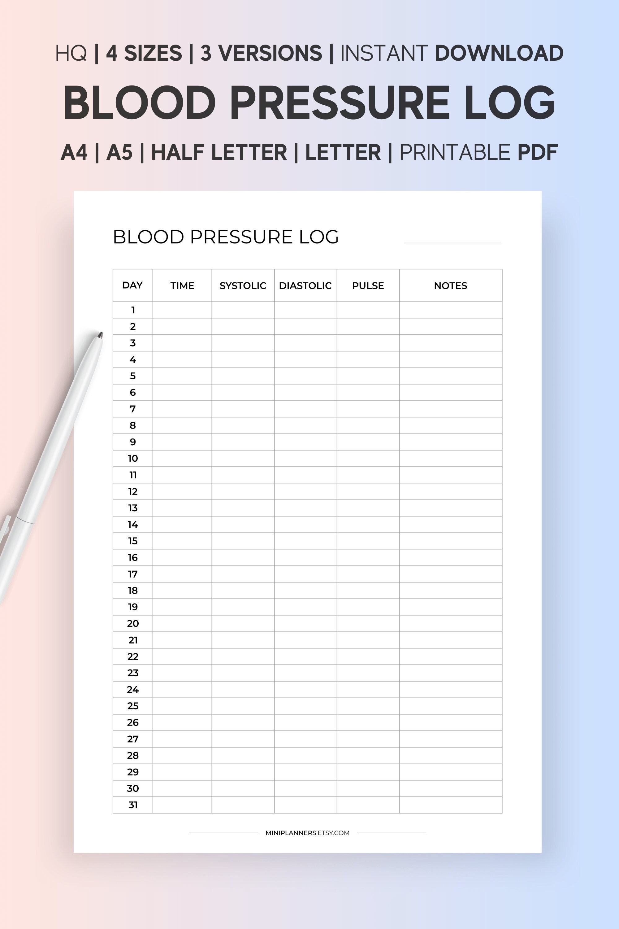 Monthly Blood Pressure Log Printable Blood Pressure Tracker PDF 30 Day ...