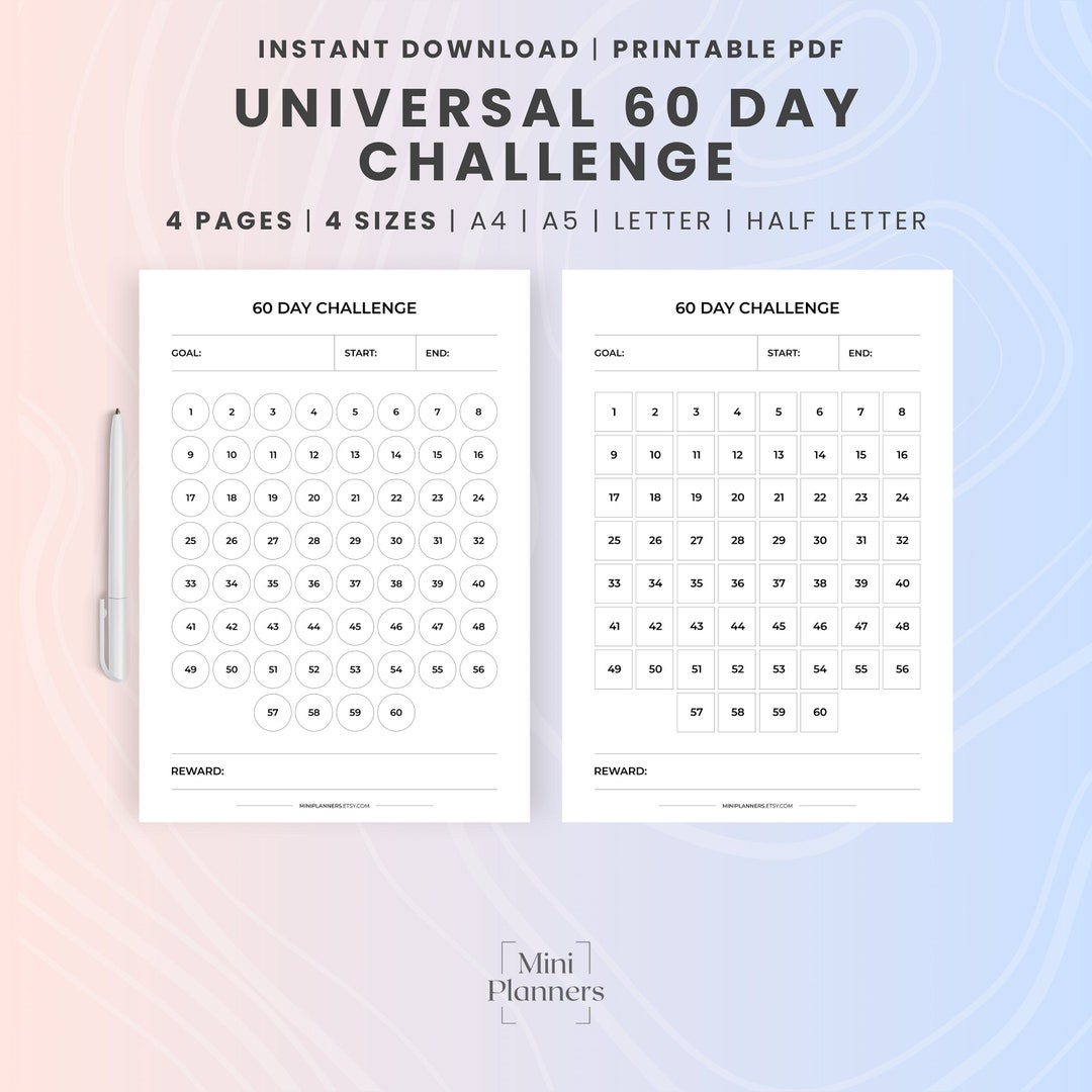 Universal 60 Day Challenge Printable Template With Rewards, Fitness ...