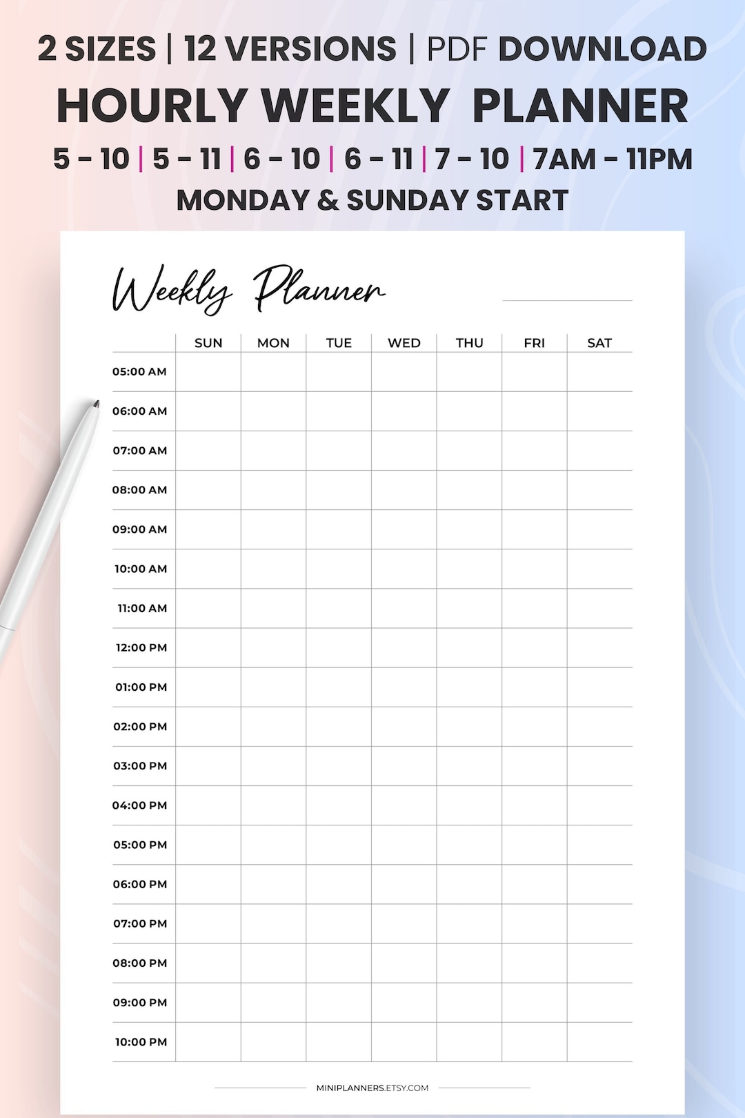 Hour Weekly Schedule Template, Weekly Planner With Hours, Weekly ...