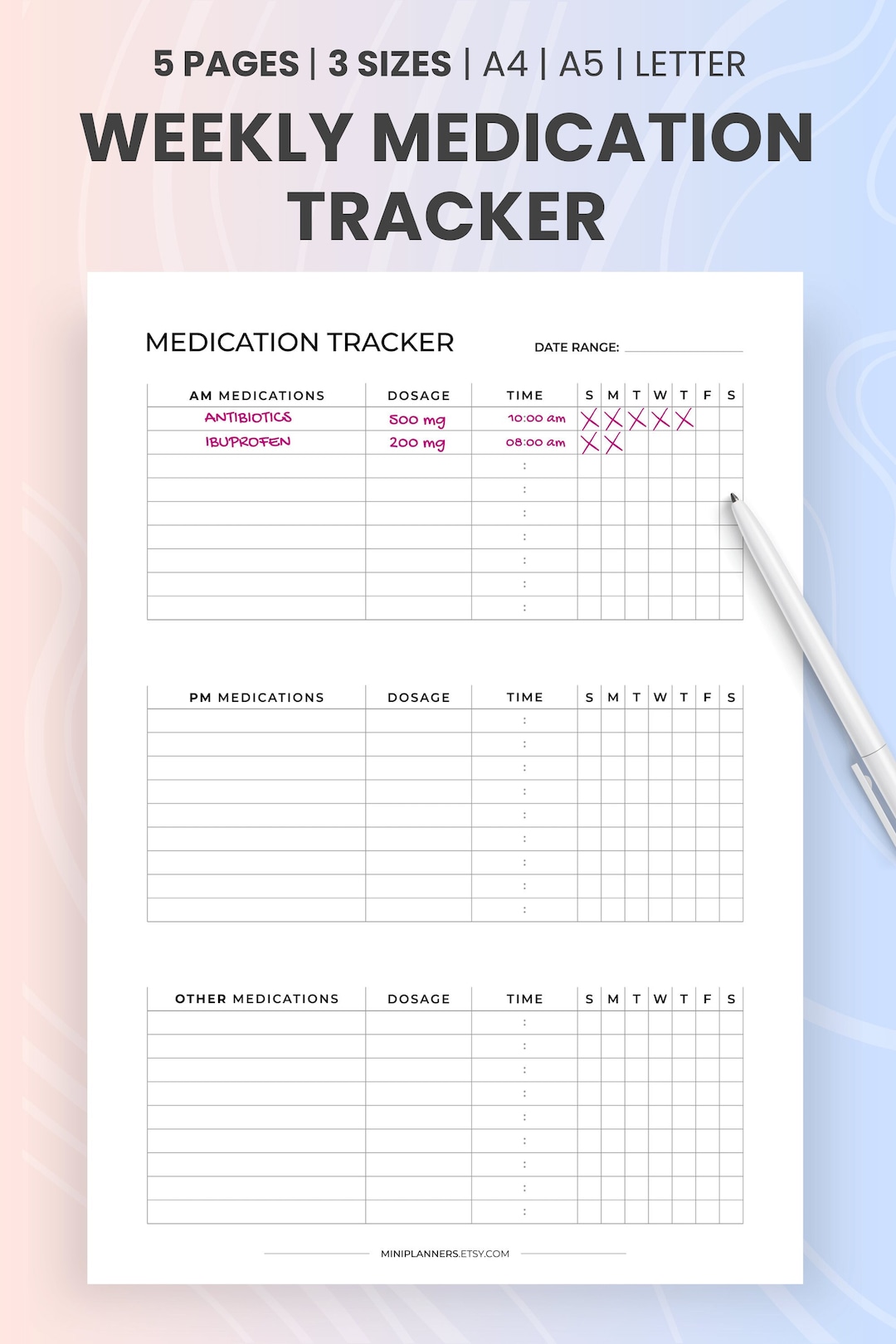 Weekly Medication Log, Printable AM PM Daily Medication Schedule, Pill ...
