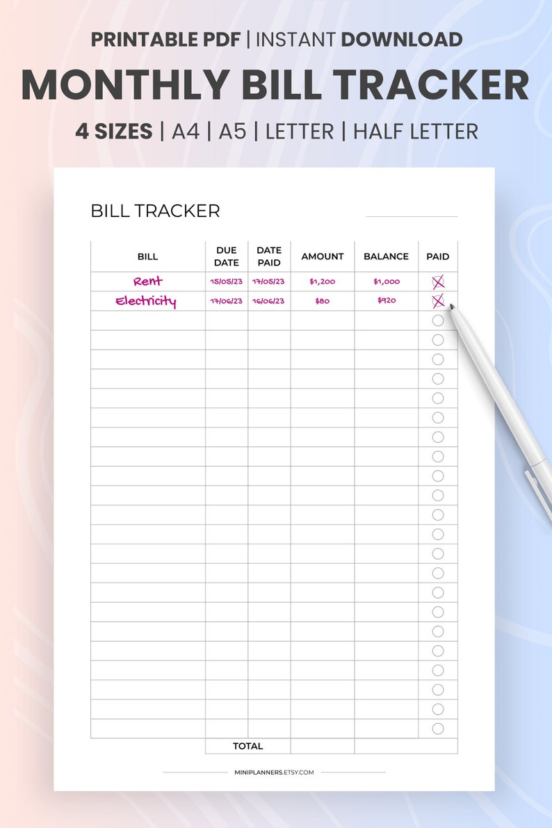 Monthly Bill Tracker Printable, Bill Tracker Template, Bill Reminder ...